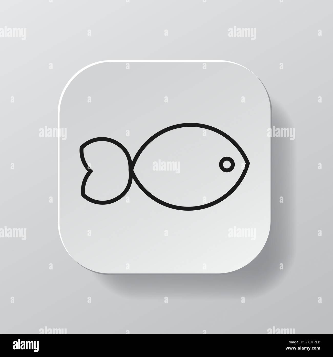 White square button with fish line icon, black outline fish on the ...
