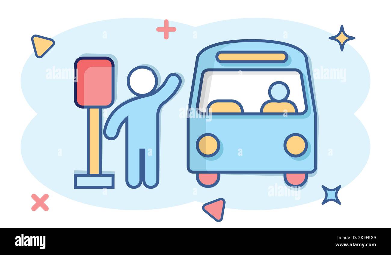 Bus station icon in comic style. Auto stop cartoon vector illustration ...
