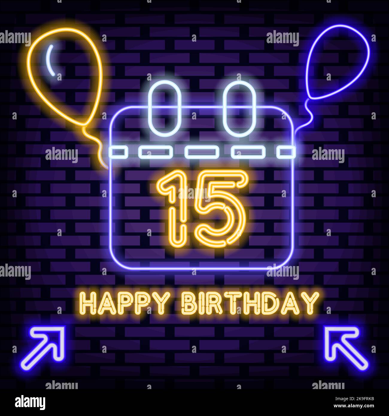 15 Year old Happy Birthday 15th Neon sign. On brick wall background ...