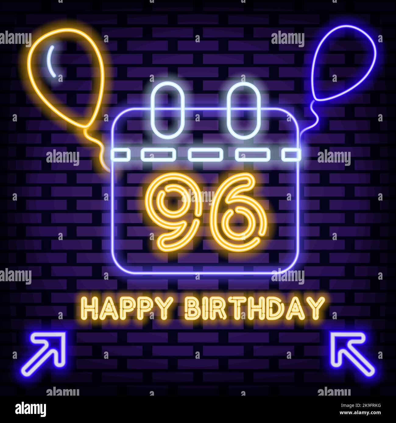 96th Happy Birthday 96 Year old Badge in neon style. Glowing with colorful neon light. Night ...