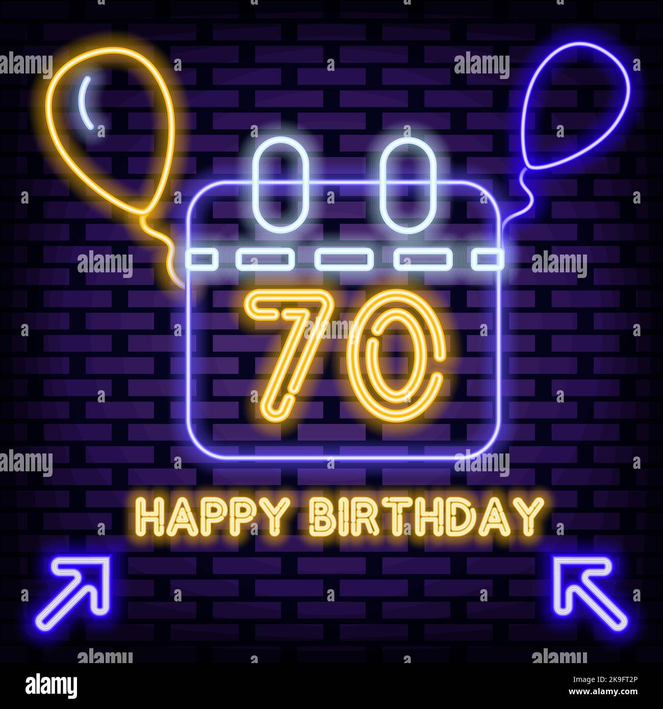 70th Happy Birthday 70 Year old Badge in neon style. On brick wall ...