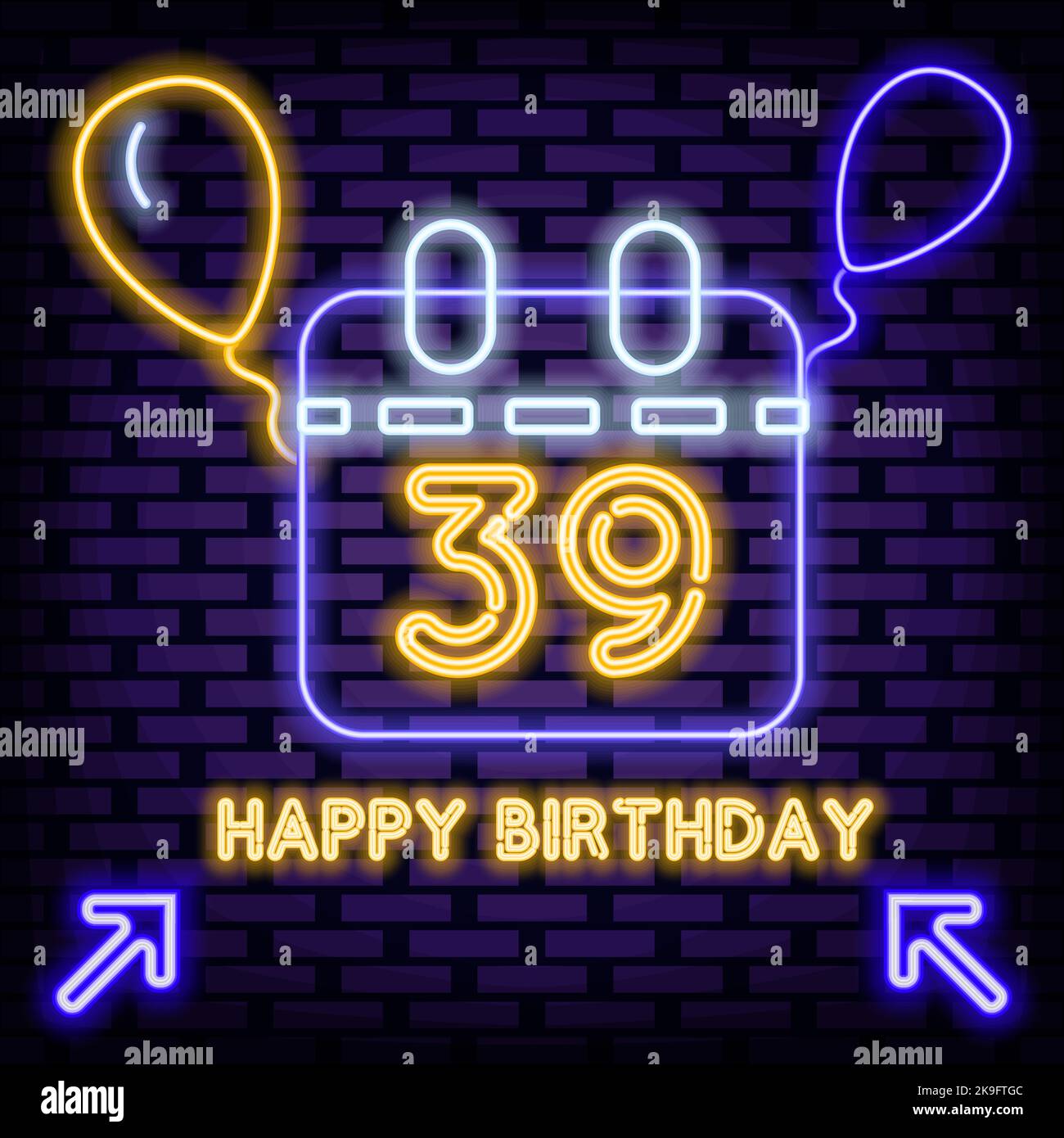 39th Happy Birthday 39 Year old Neon sign. Glowing with colorful neon ...
