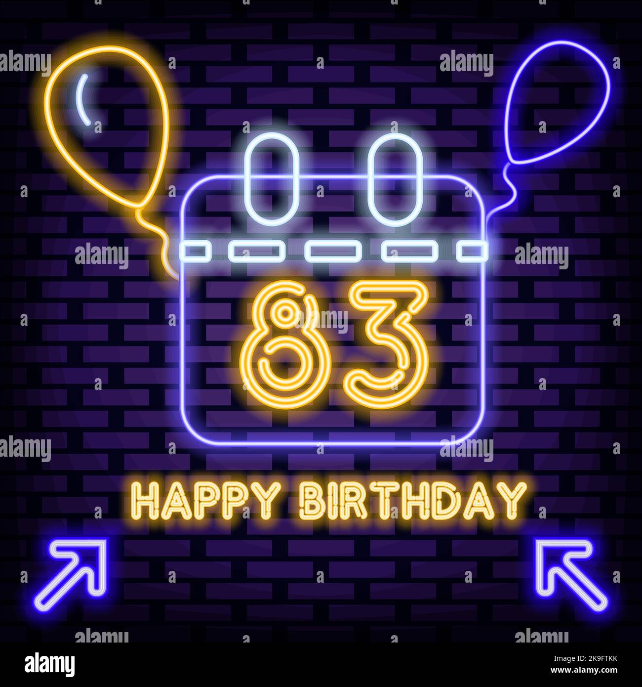 83th Happy Birthday 83 Year old Badge in neon style. On brick wall ...