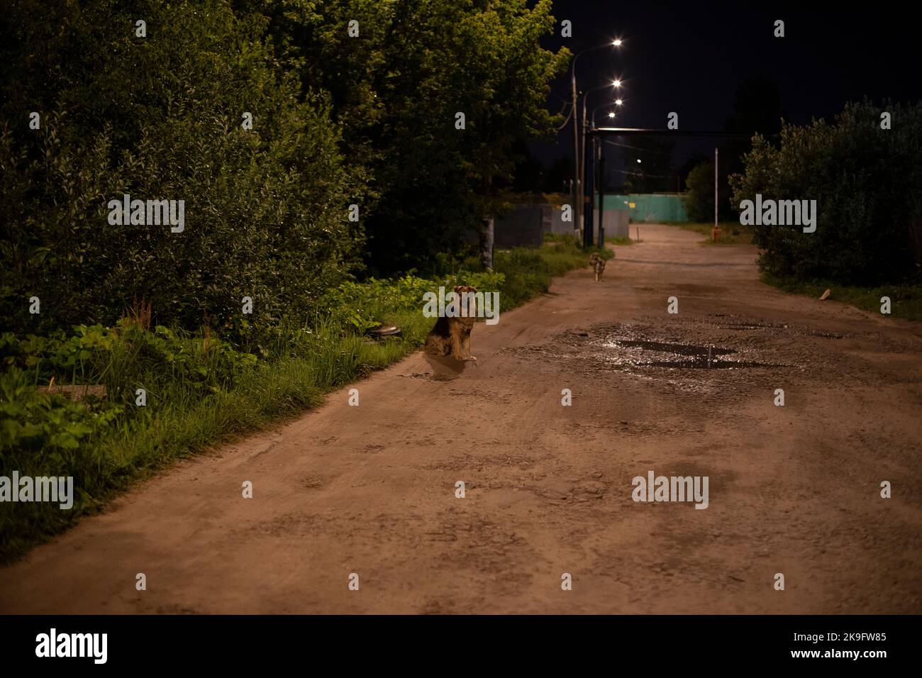 Road at night. Dirt country road. View of industrial track. Night view ...