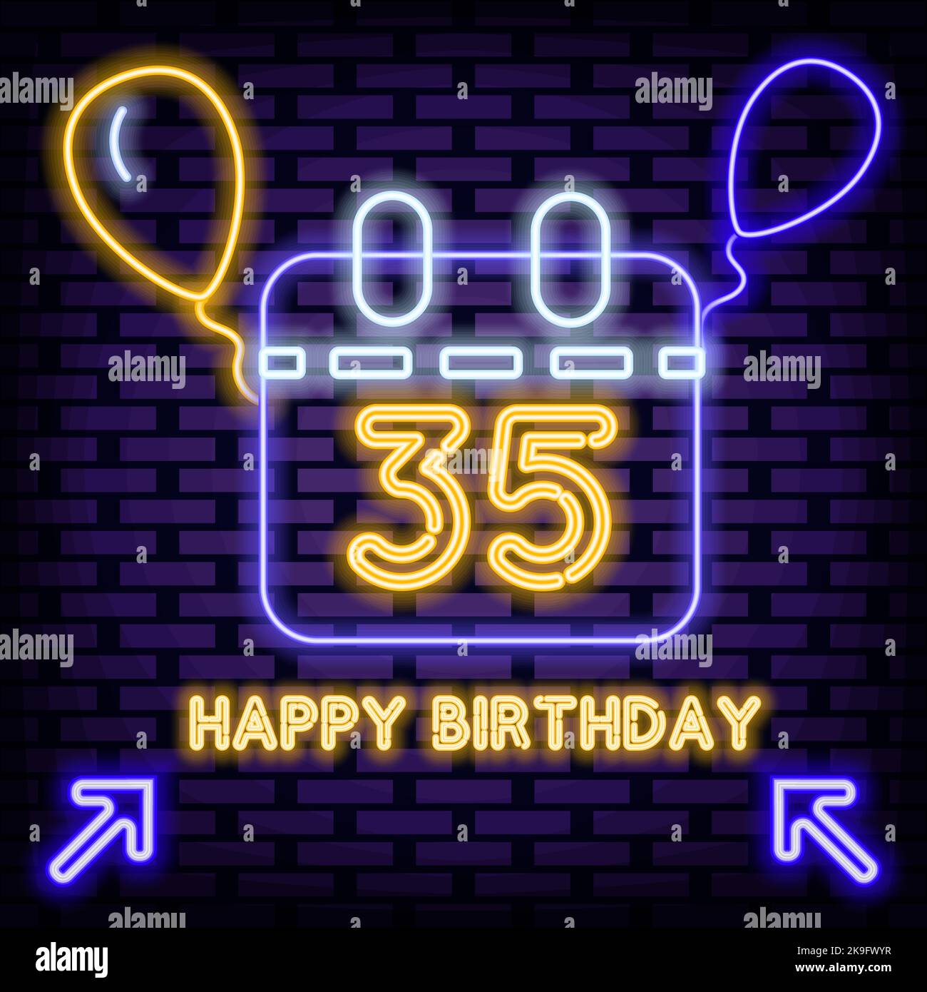 35th Happy Birthday 35 Year old Neon sign. On brick wall background ...