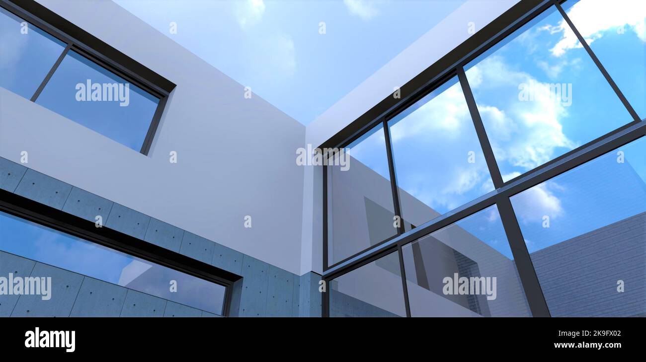 View from below on the glass facade of a contemporary house in a ...