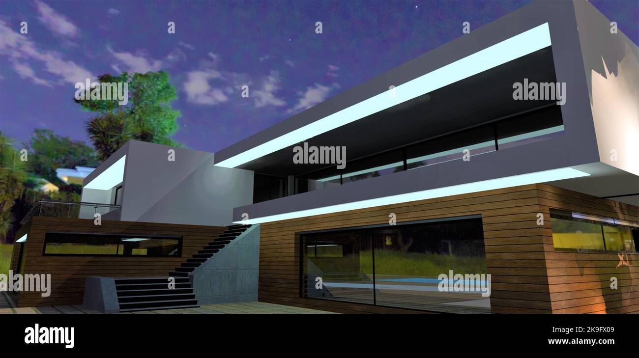 Night view of a small cozy country house. The game of LED lighting on ...