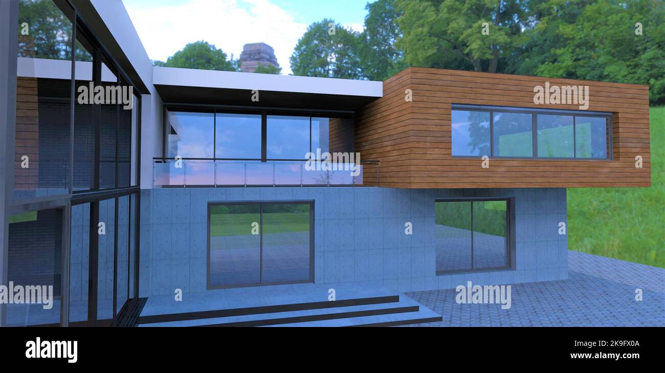 A cozy balcony above the entrance to an advanced modern building ...