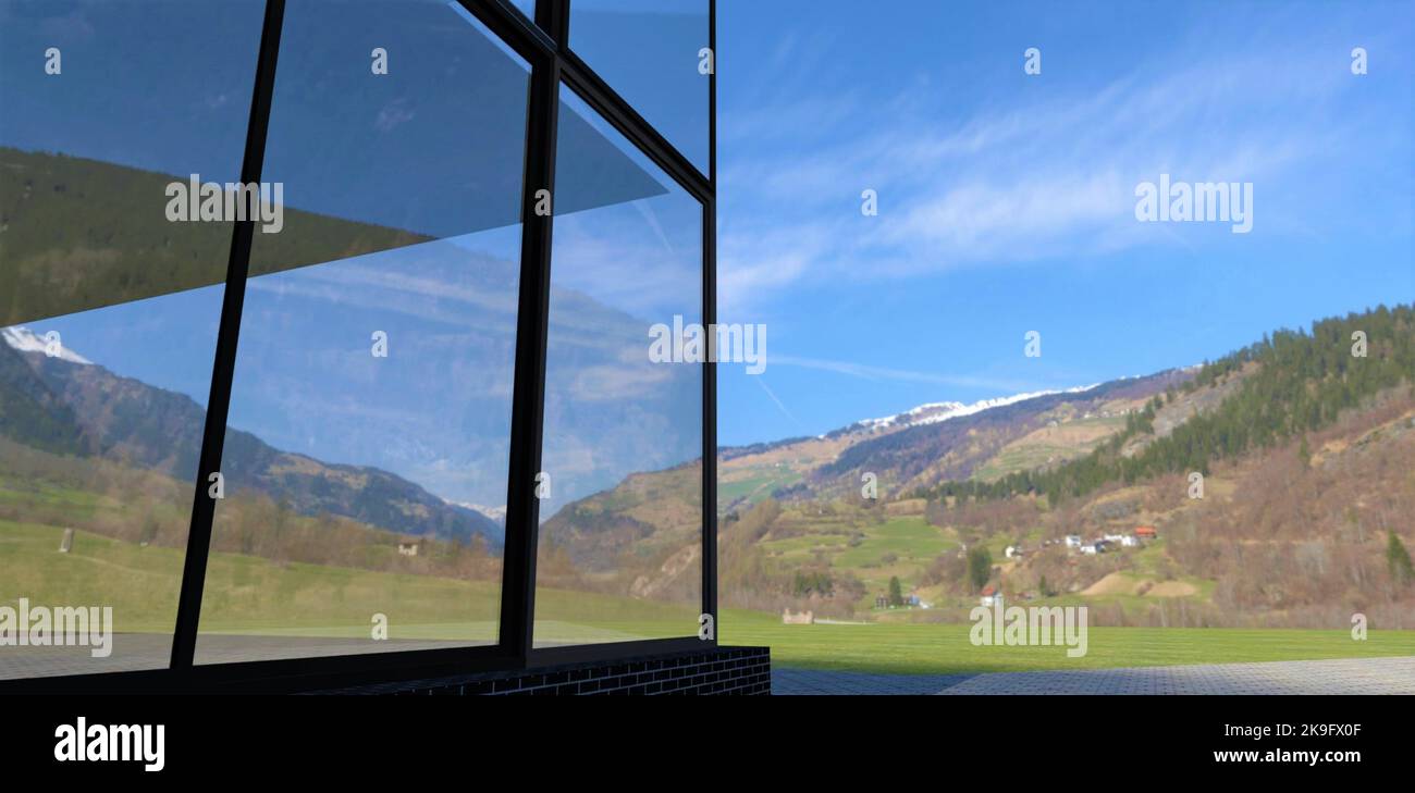 The stunning mountain scenery is reflected on the glass facade of a ...