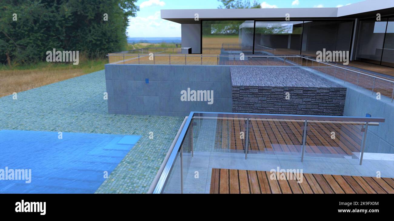 Newly built house with a swimming pool with steps going into the depths ...