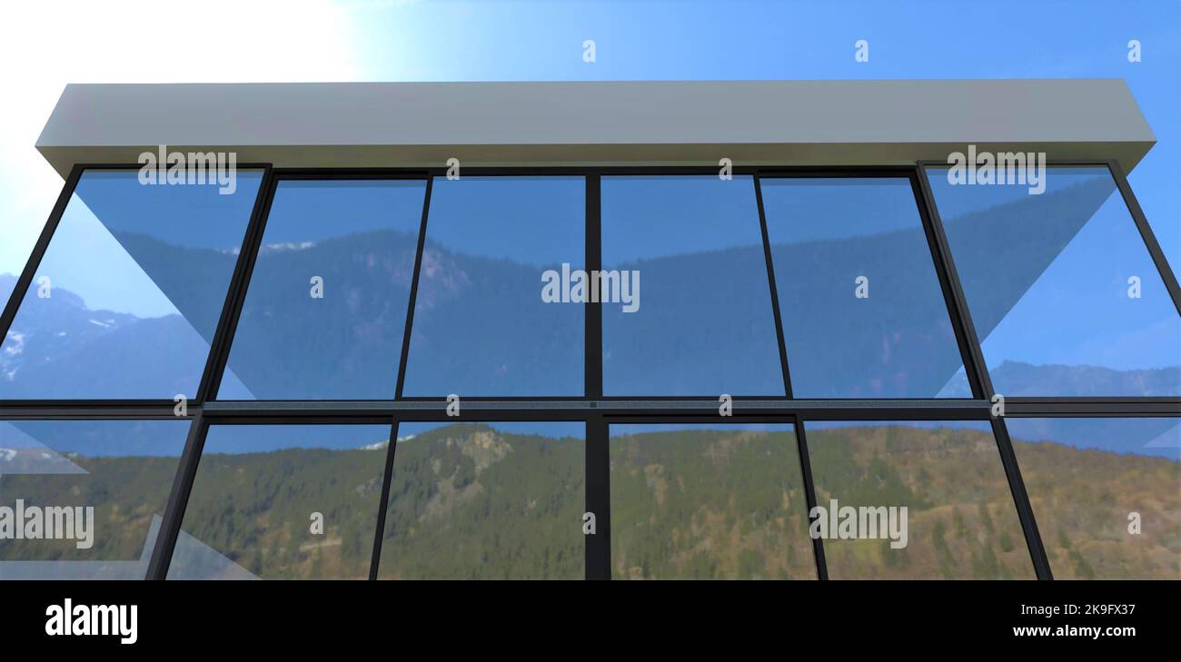 Bottom view of an advanced glass facade that reflects stunning mountain ...