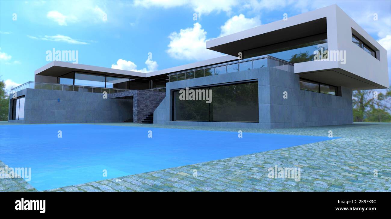 Stunning design of a house with a pool in a minimalist style. Concrete ...
