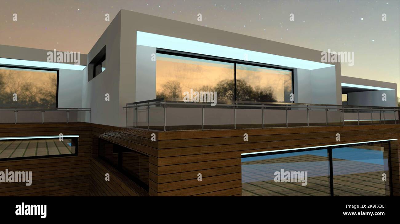 Balcony of an advanced modern cottage illuminated by LED strip. Cozy ...