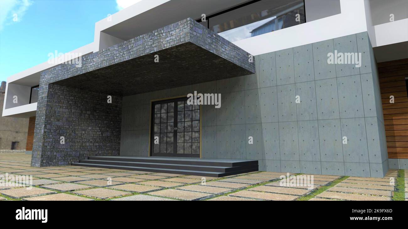 Front entrance to an advanced minimalist cottage. The facade is ...