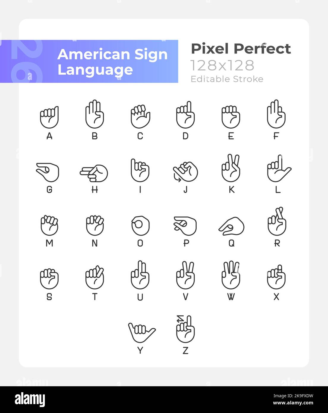 Letters in American sign language pixel perfect linear icons set Stock ...