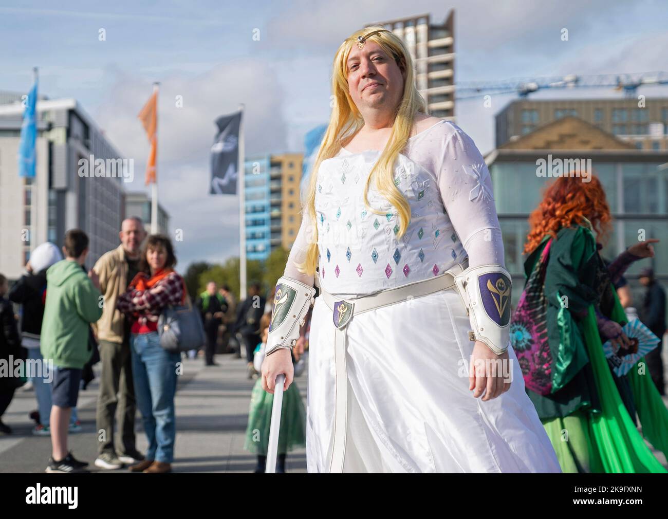 A visitor poses in fancy dress during MCM Comic Con at the ExCel London ...