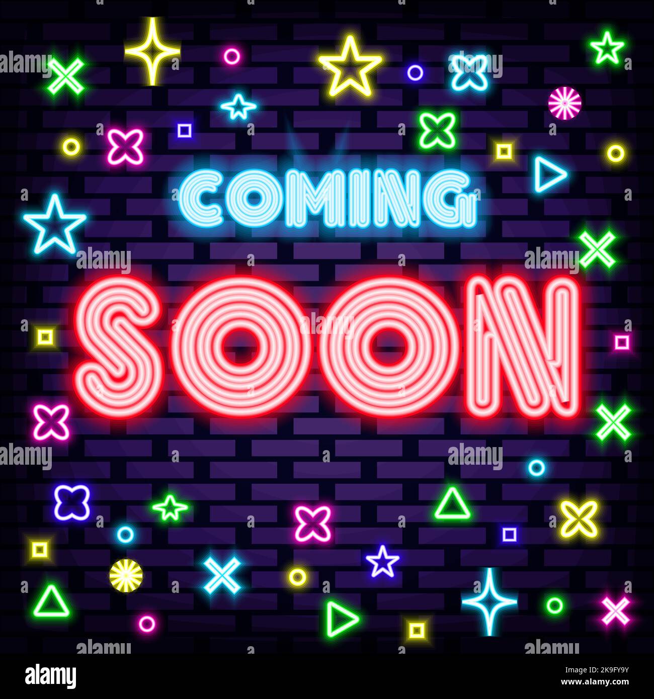Coming Soon Badge in neon style. On brick wall background. Neon text ...