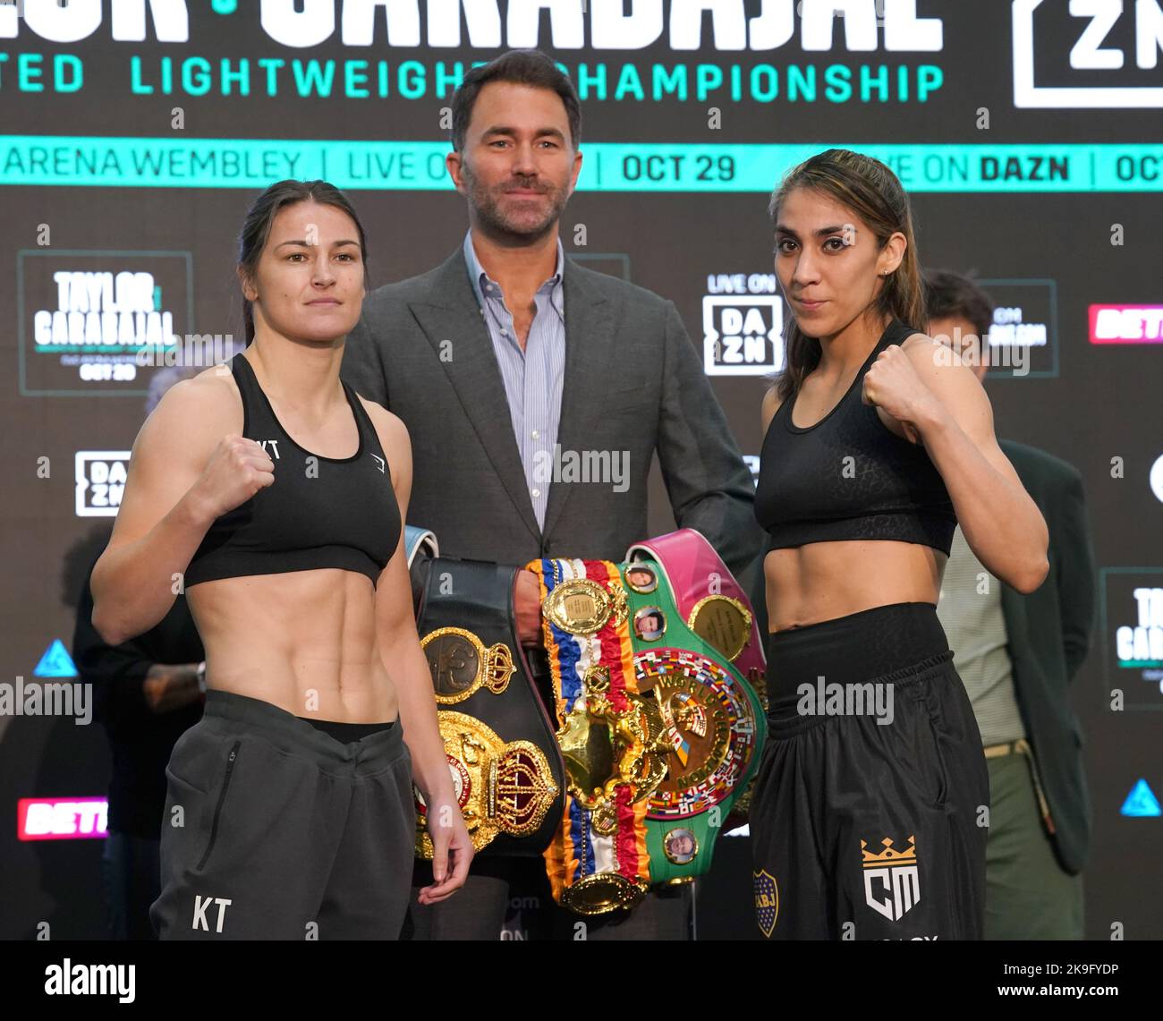 Katie Taylor (left) and Karen Elizabeth Carabajal during the weigh-in ...