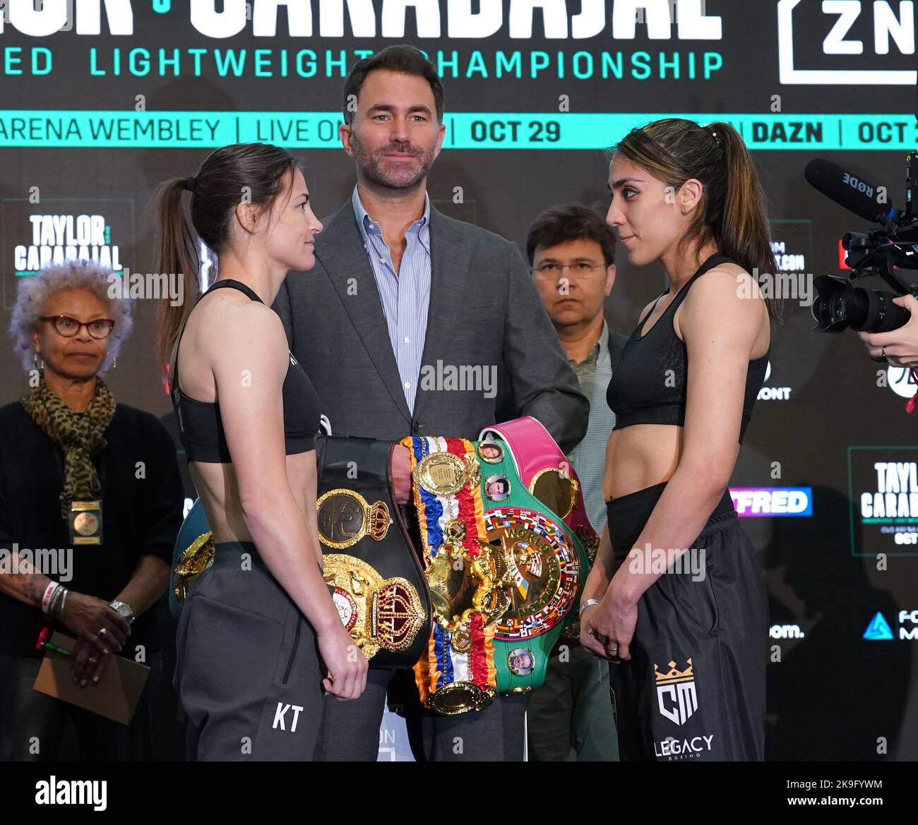 Katie Taylor (left) and Karen Elizabeth Carabajal during the weigh-in ...