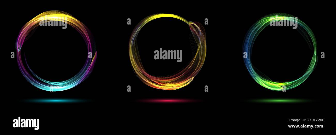 Set of glowing neon color circles round smoke shape with wavy dynamic ...