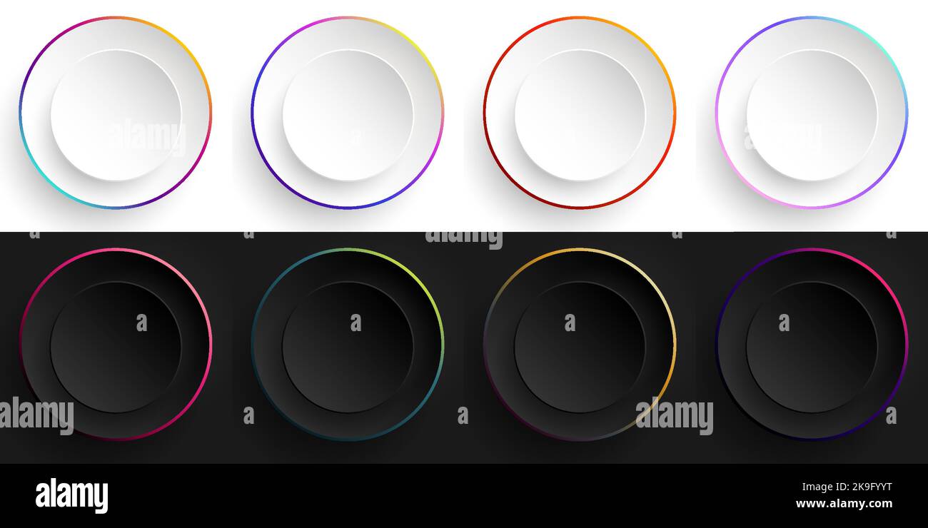 Set of 3D colorful circles border on white and black circles shapes ...