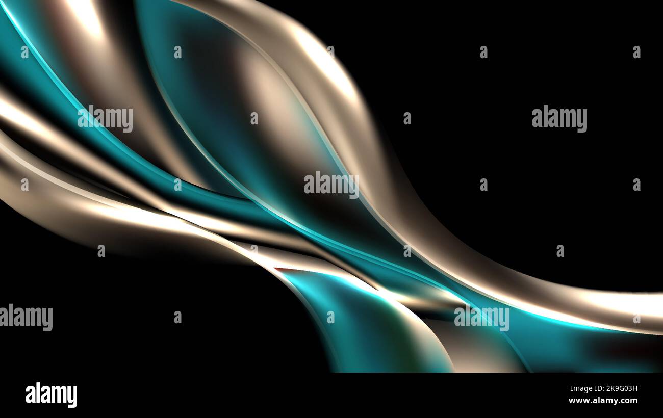 Abstract 3D liquid or fluid golden and green emerald metallic color ...