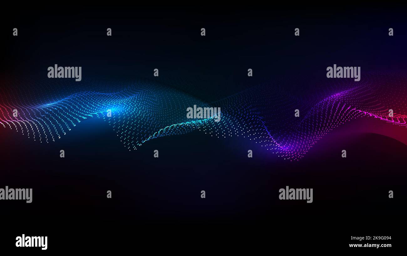 Abstract neon lights dots particles dynamic wave flowing on dark ...