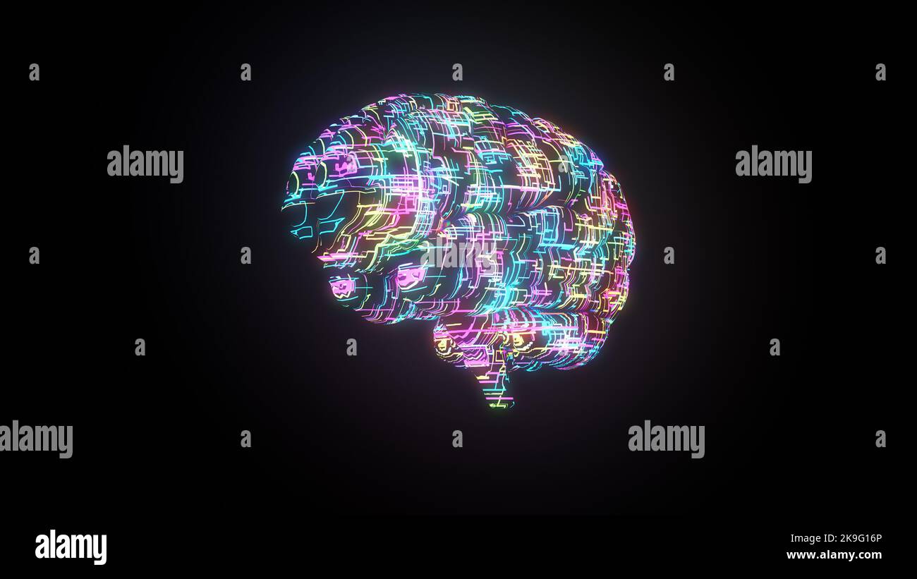 Meta Brain, 3D render of human brain with glow colourful surface Stock ...