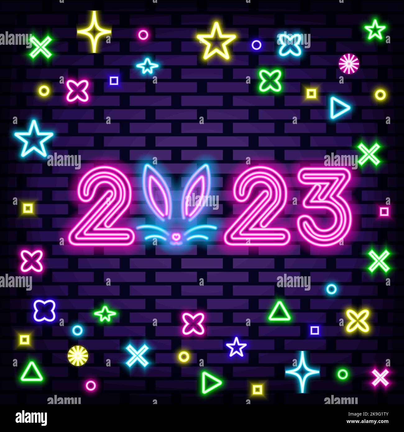 2023 Happy New Year and Merry Christmas Badge in neon style. Neon ...