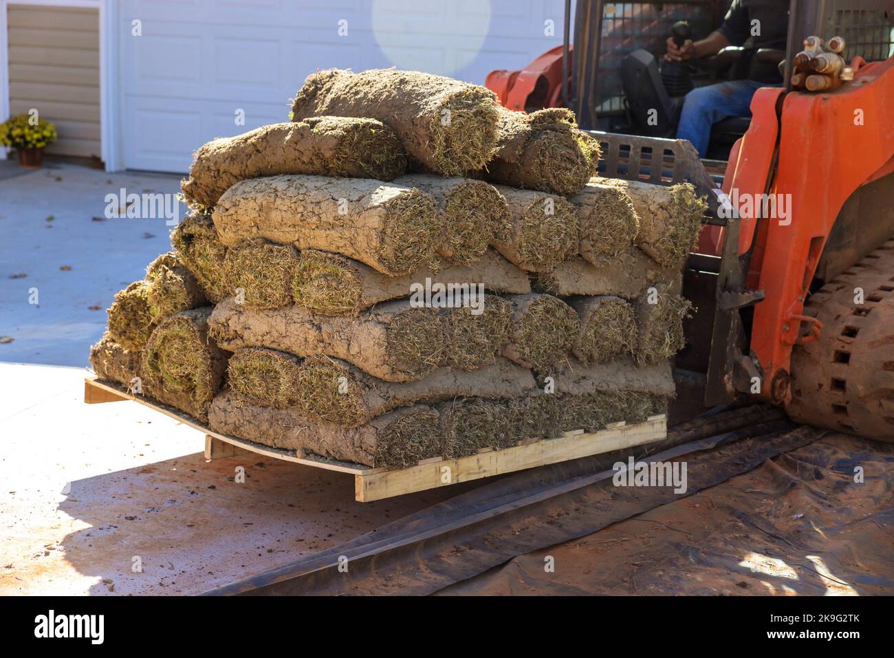 An boom forklift unloads turf rolls in pallets on construction site ...