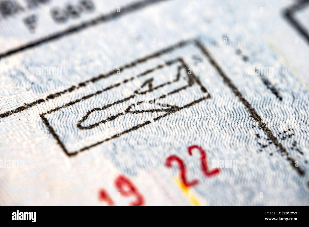 International travel visa passport stamp. Macro detail of European ...