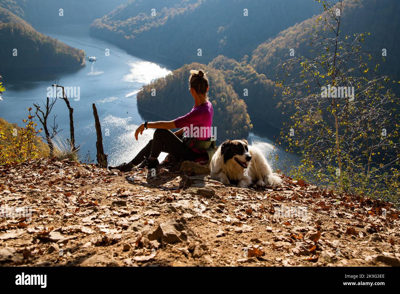 happy woman and white dog enjoying autumn forest landscape Stock Photo ...