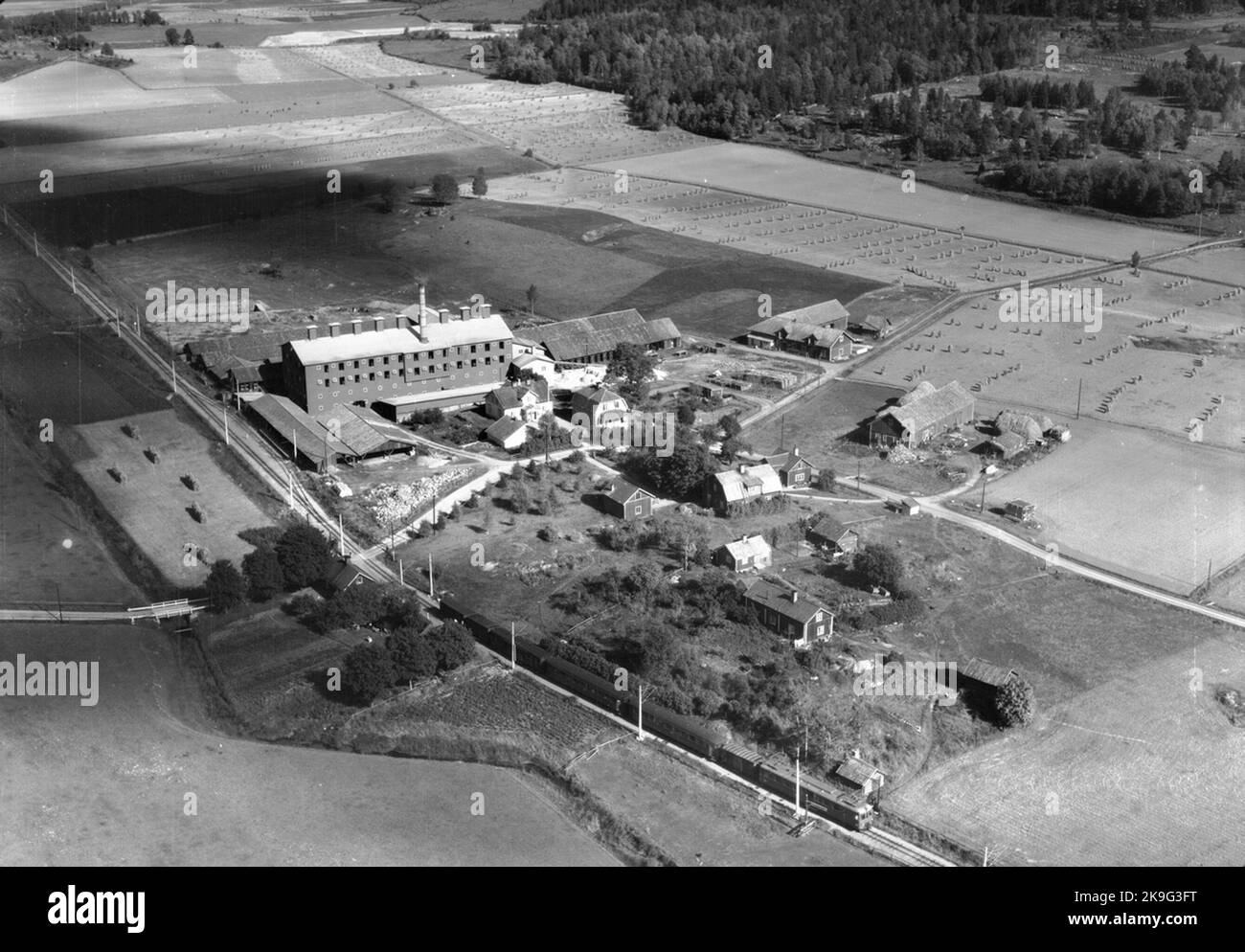 Aerial photo over the bus stop train, Stockholm - Rimbo Railway Stock ...