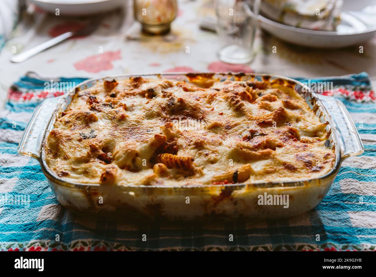 homemade oven baked pasta casserole with fresh cheese. Traditional ...