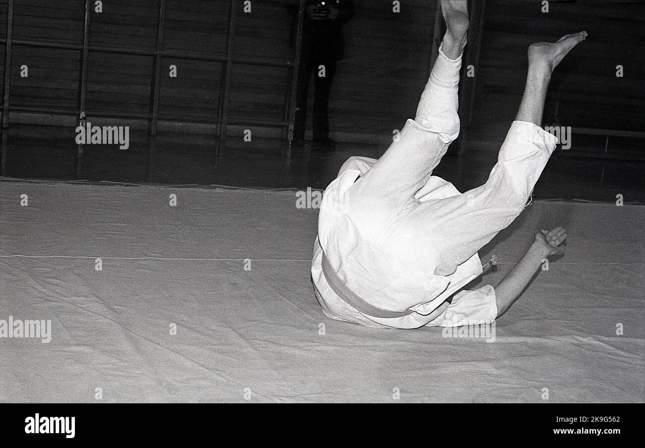 1970s, historical, inside, on a mat, two males competing in the sport ...