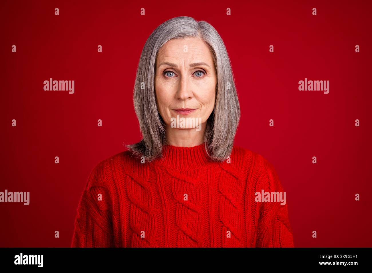 Photo of calm confident nice grandmother look camera wear knitted ...