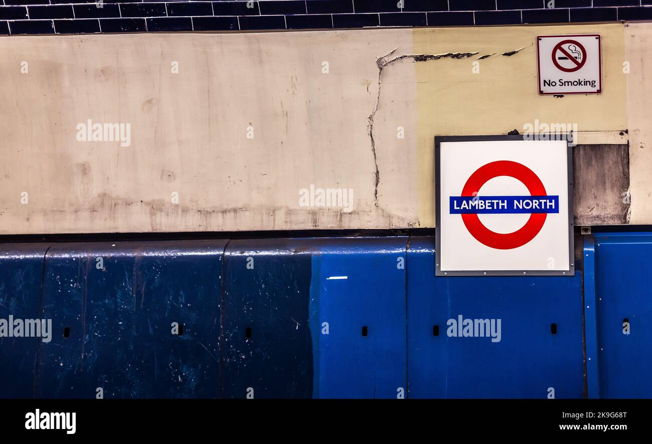 The sign of the London Underground Lambeth North Station fixed on the ...