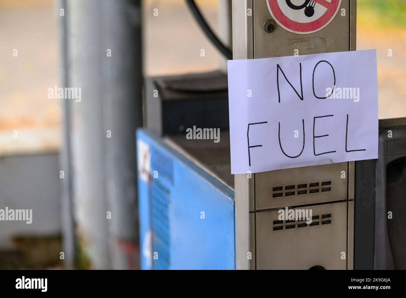 Sign with the inscription no fuel on the pump at the gas station due to ...