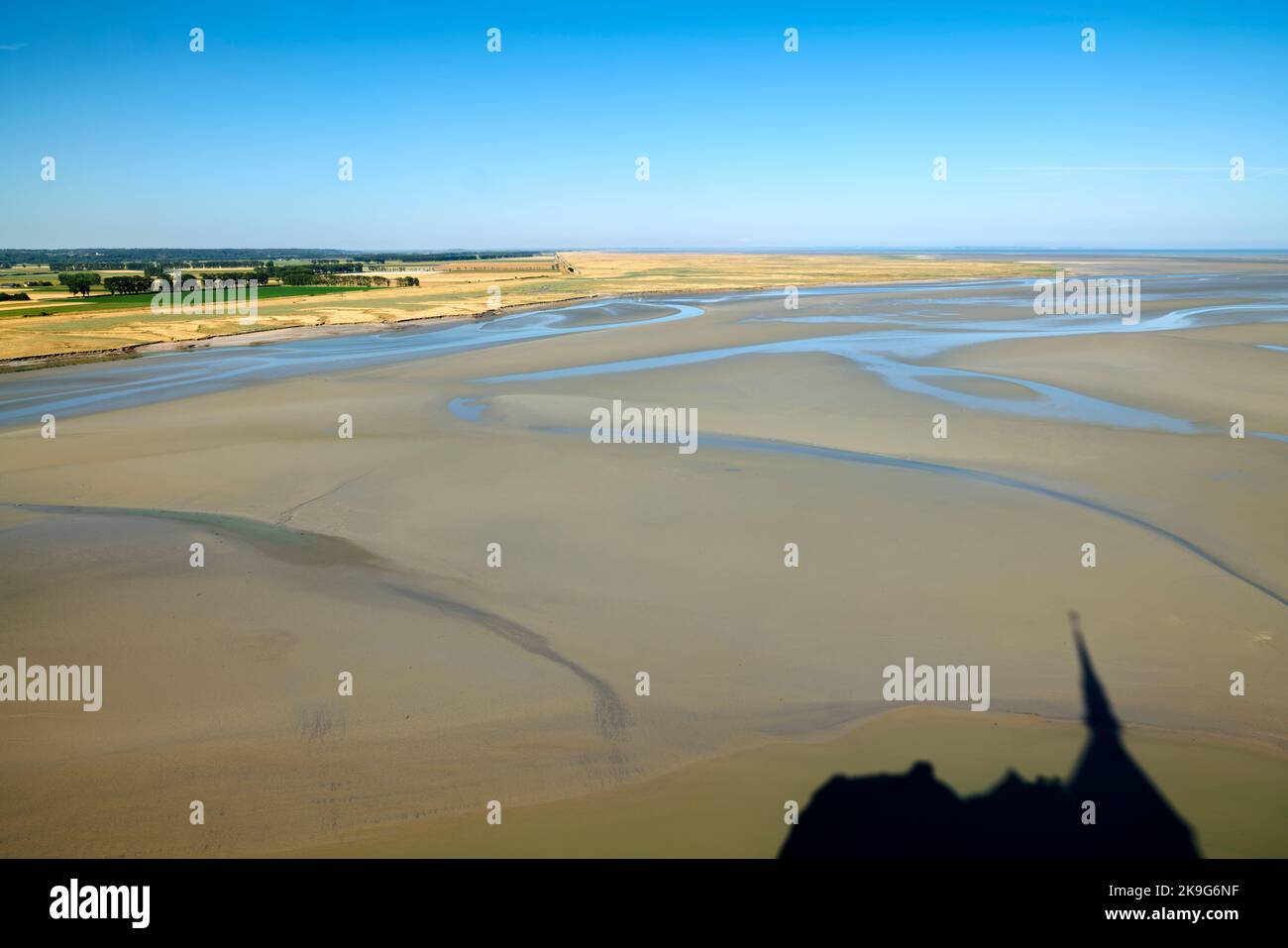 Aerial view from Mont Saint Michel Normandy France with low tide. The ...