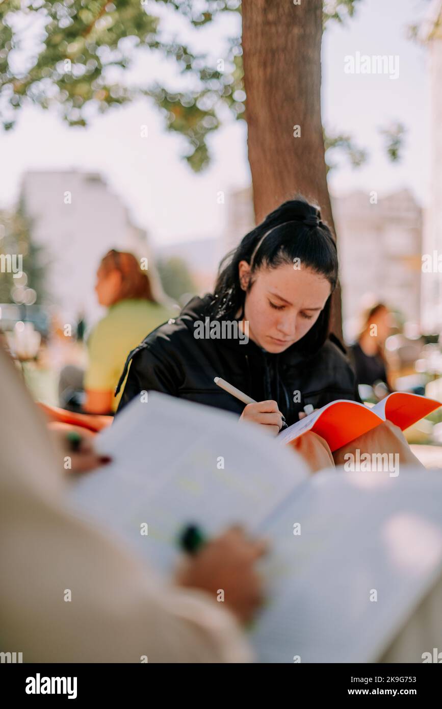 High school girls doing homework in a coffee bar, outdoors Stock Photo ...