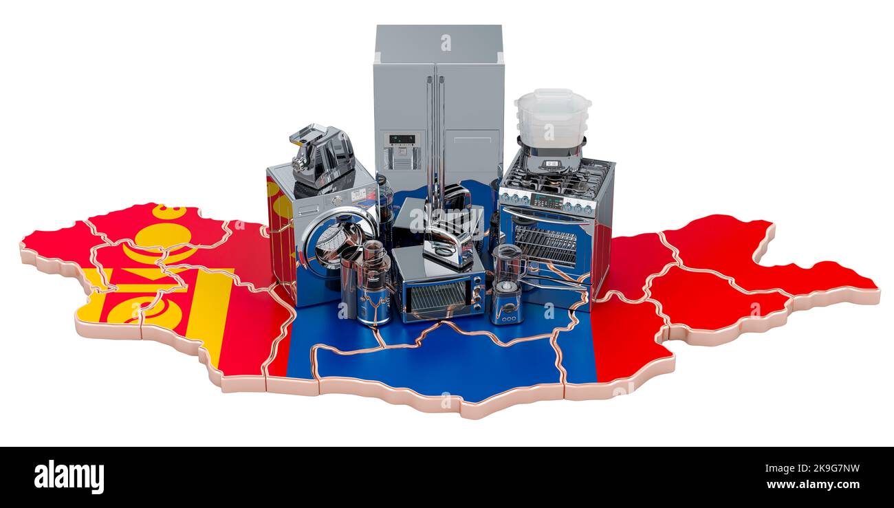 Kitchen and household appliance on the map of Mongolia. Production ...