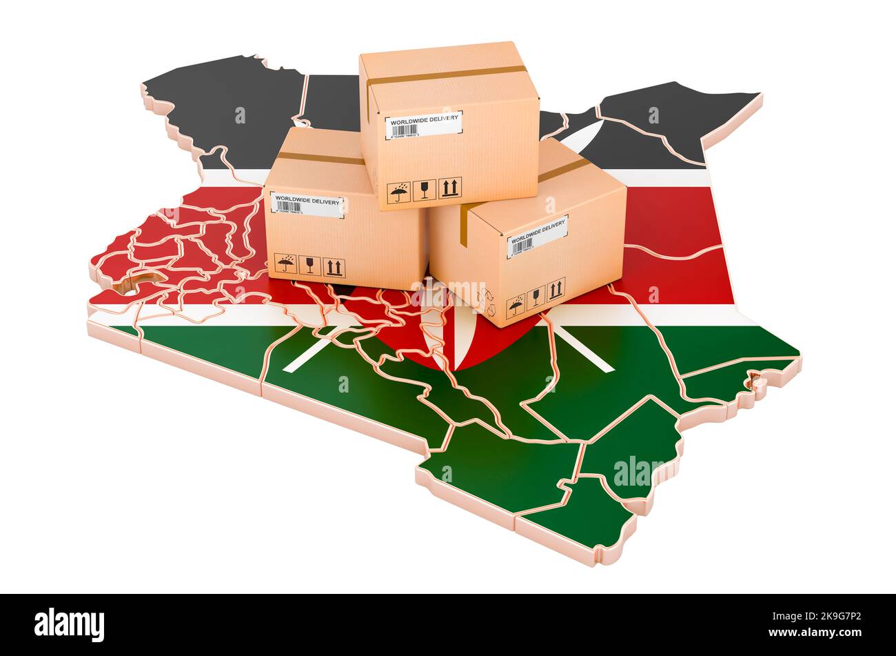 Parcels on the Kenyan map. Shipping in Kenya, concept. 3D rendering isolated on white background ...