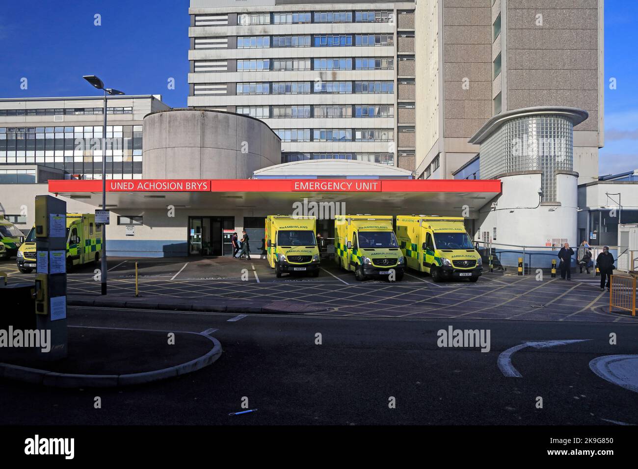 University Hospital of Wales, Heath, Cardiff. Ambulances lined up ...