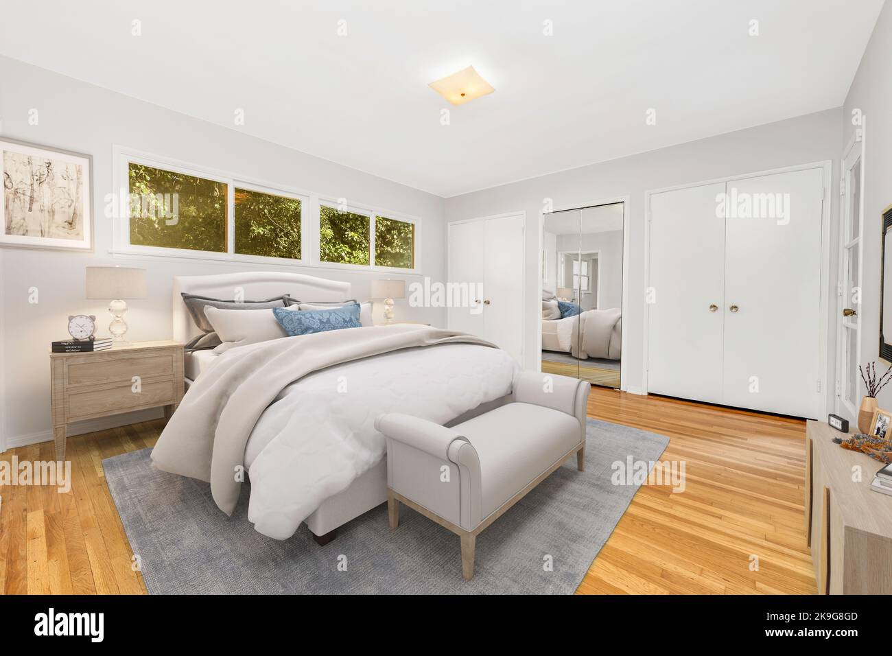 Large luxury modern master bedroom interior with large bed, gray carpet ...