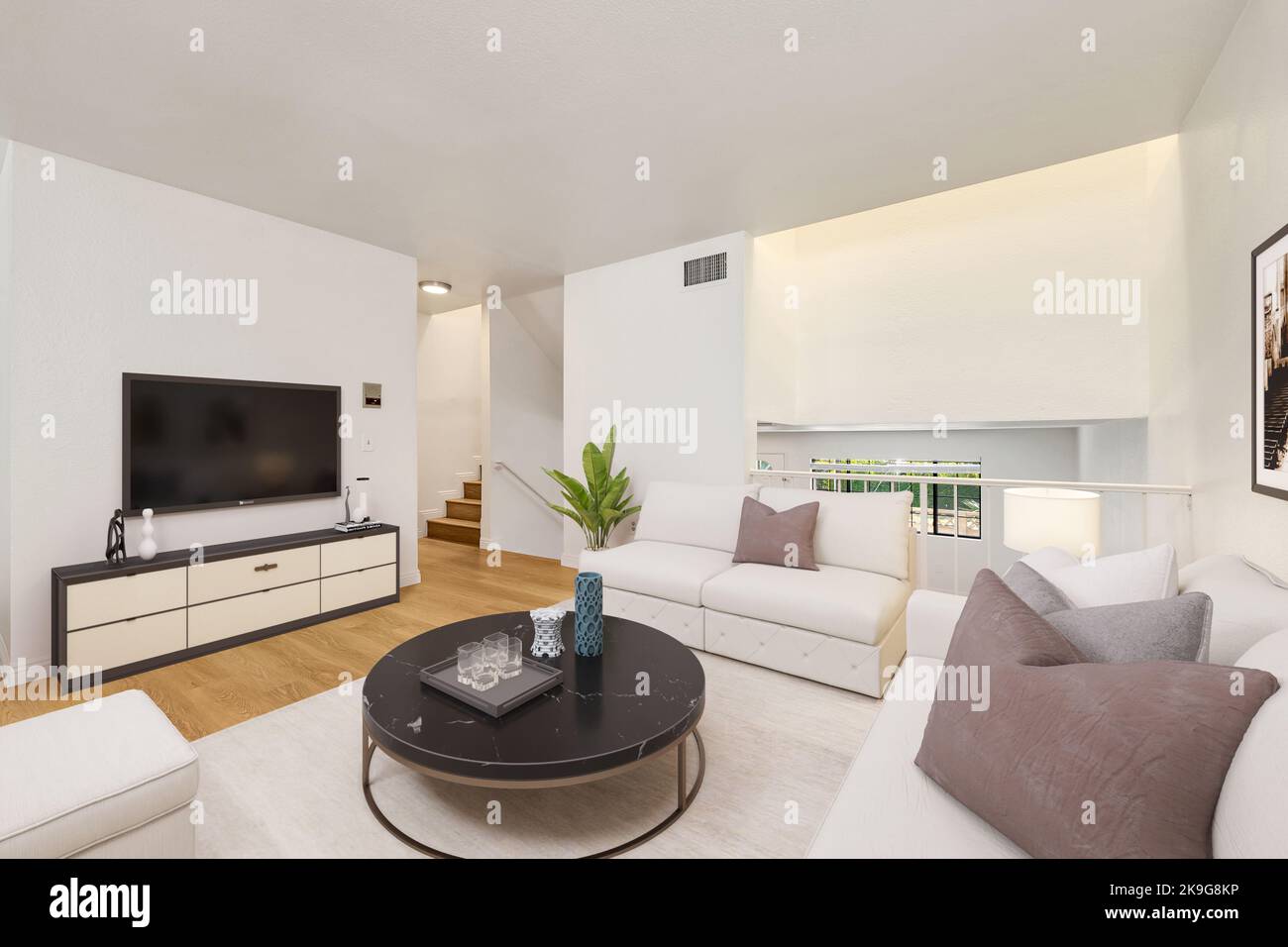 Contemporary living room with open concept view through to dining room ...