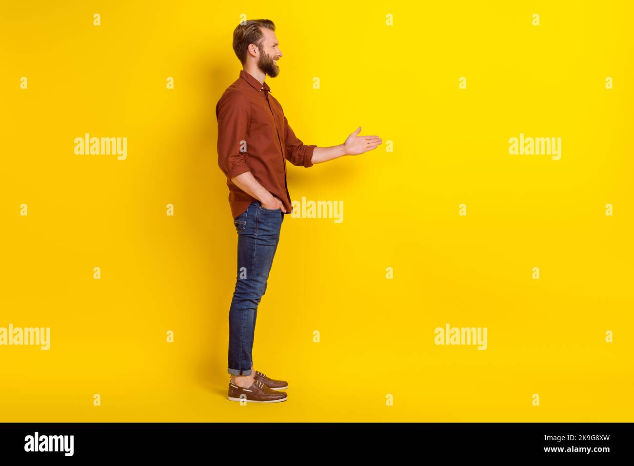 Side profile photo of satisfied optimistic positive man burgundy shirt ...