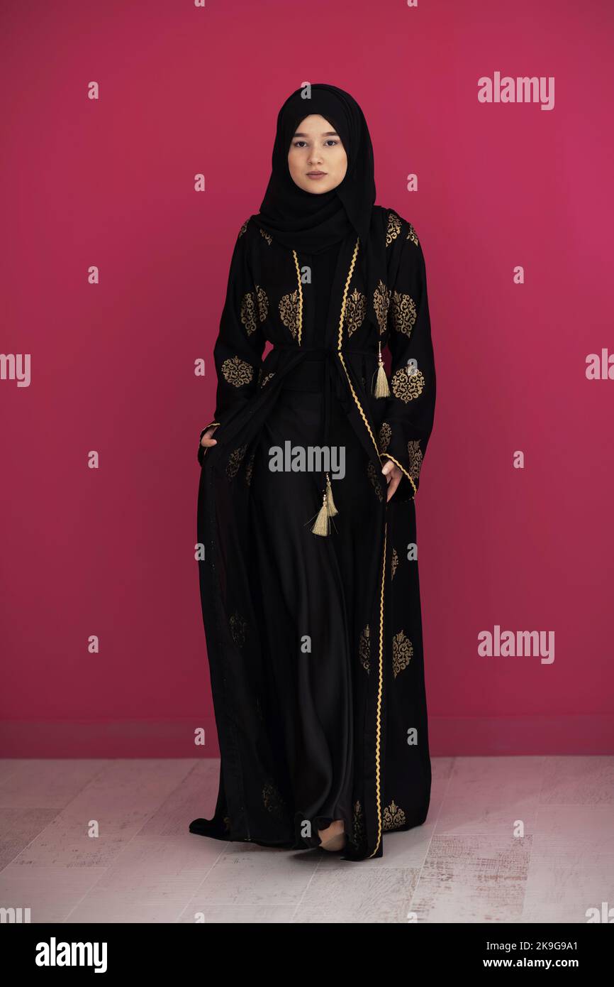 beautiful muslim woman in fashinable dress with hijab isolated on ...