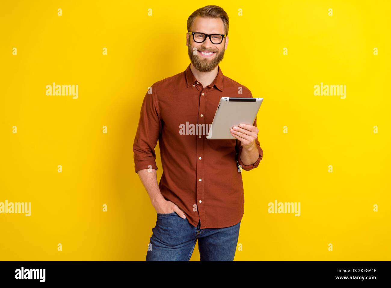 Portrait of positive clever man with masculine beard wear burgundy ...