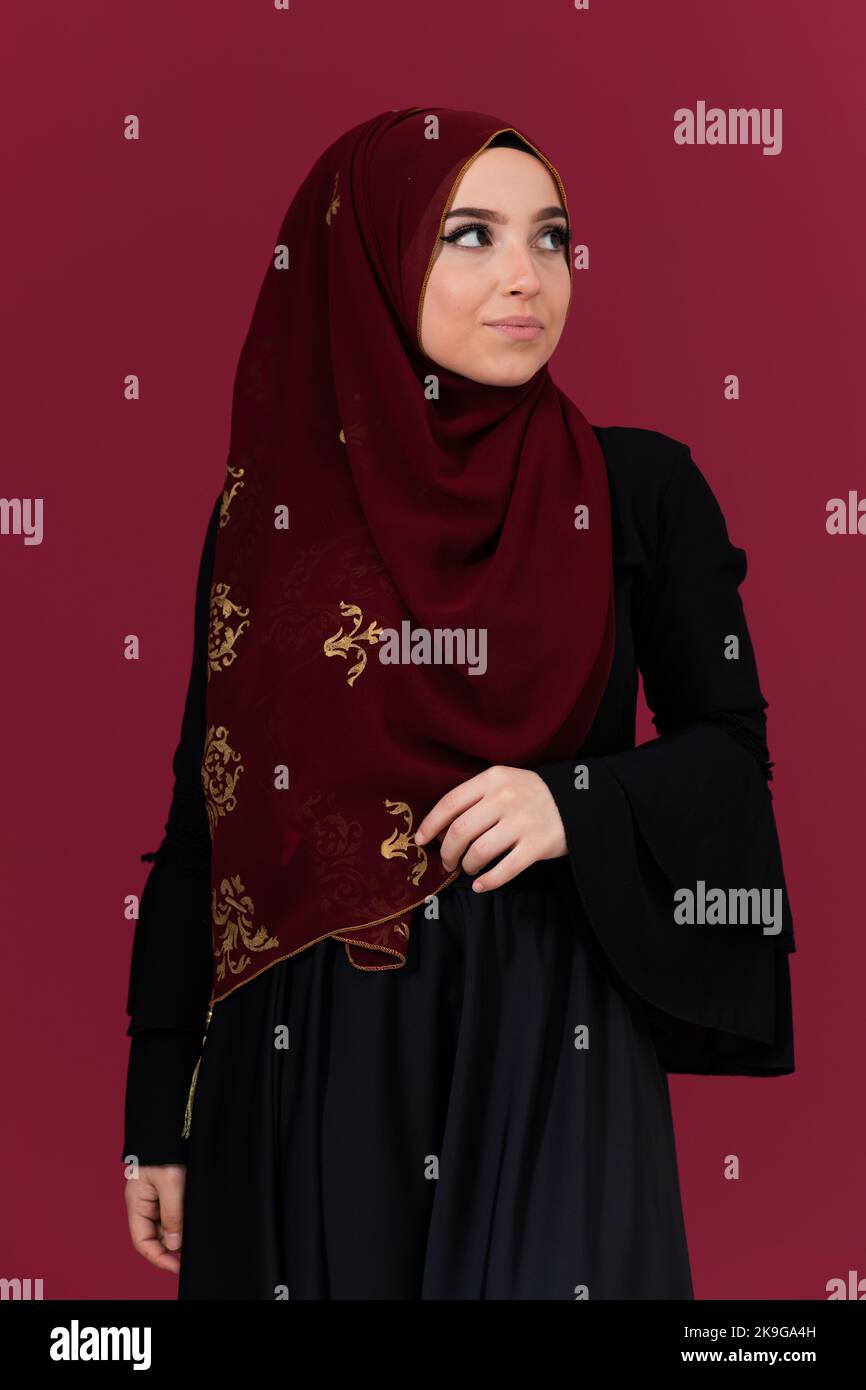 beautiful muslim woman in fashinable dress with hijab isolated on ...