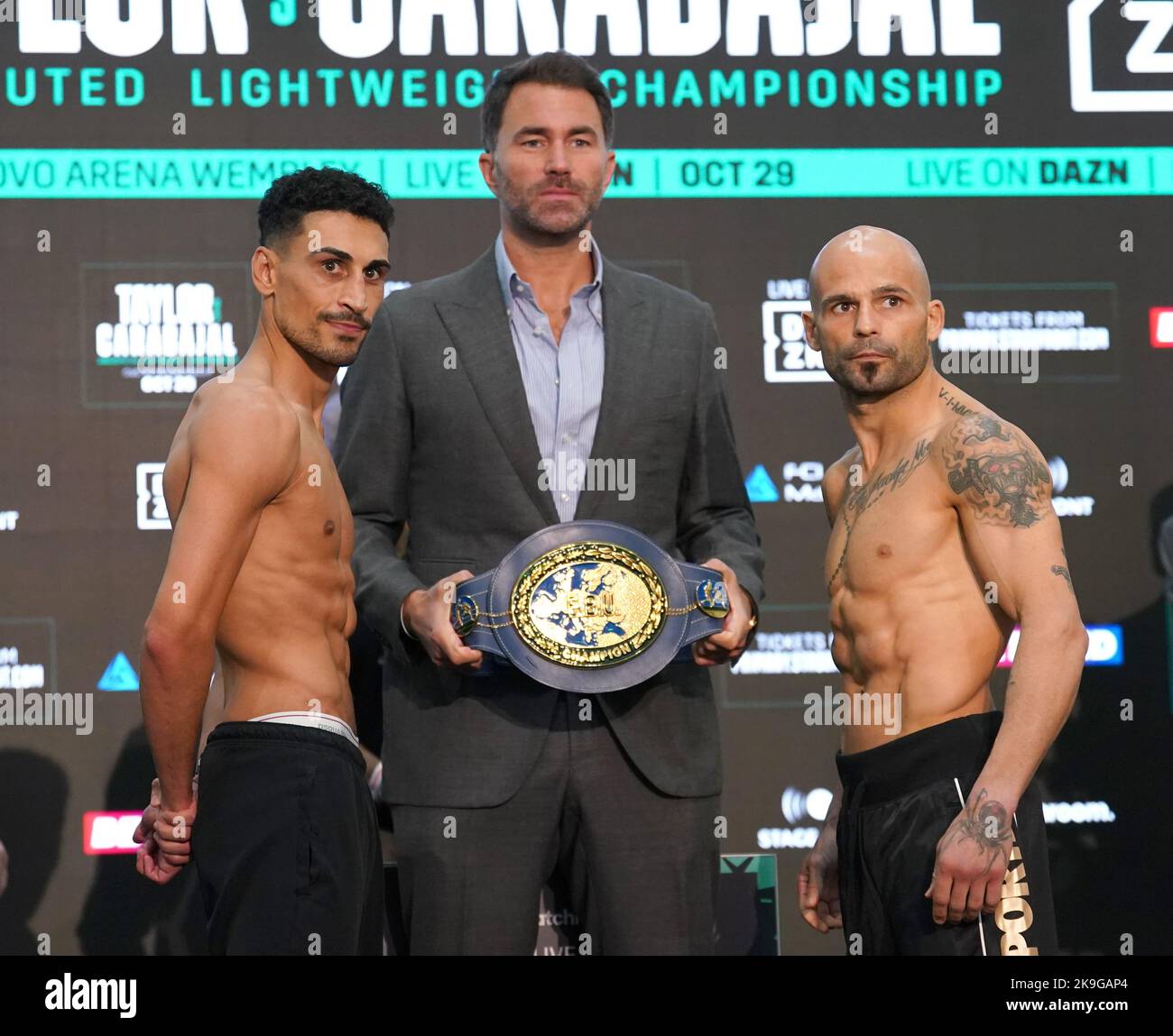 Jordan Gill (left) and Kiko Martinez during the weigh-in at The Drum ...